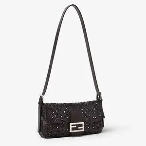Fendi Baguette® 26424 Crackled Black Leather Bag With Wedge-shaped Mirrors